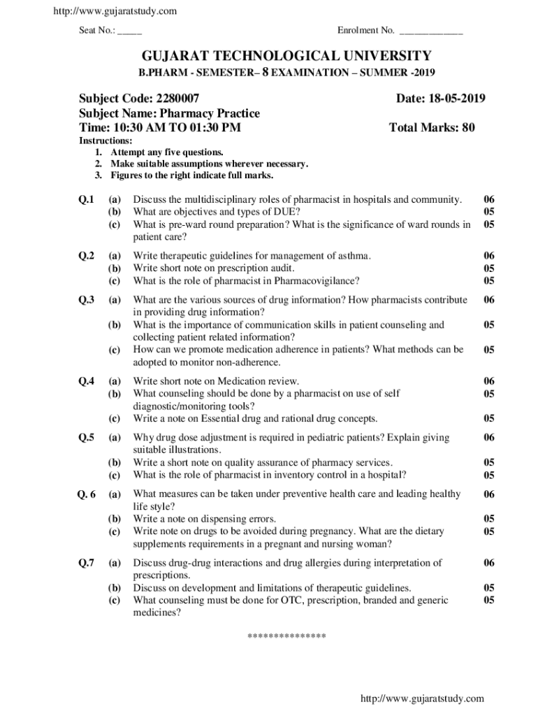 Fillable Online Gujarat Technological University B.Pharm Semester - 8 ... Fax Email Print ...