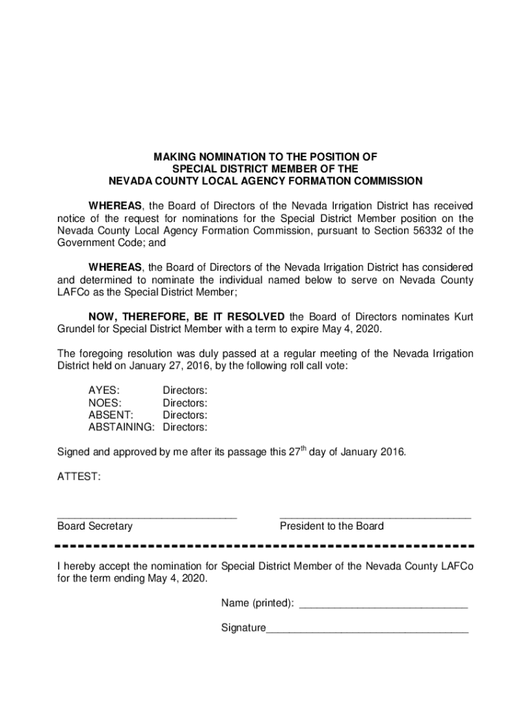 Fillable Online MAKING NOMINATION FOR SPECIAL DISTRICT MEMBER OF THE ...