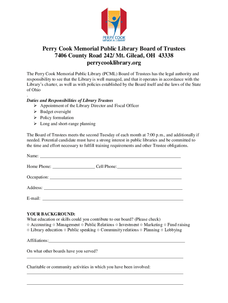Fillable Online Perry Cook Memorial Public Library Board of Trustees ...