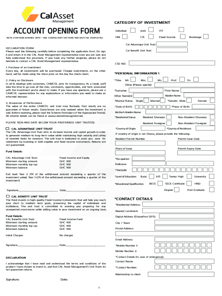 Fillable Online account opening form - Cal Asset Management Ltd Fax ...