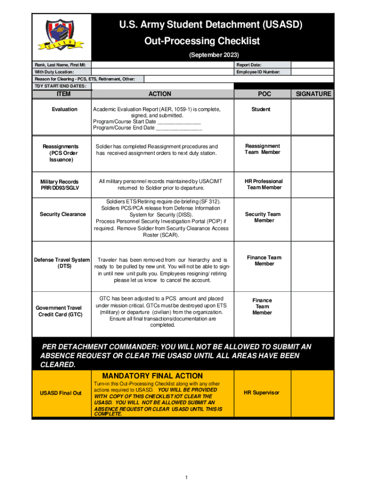 Fillable Online U.S. Army Student Detachment (USASD) Out-Processing ...
