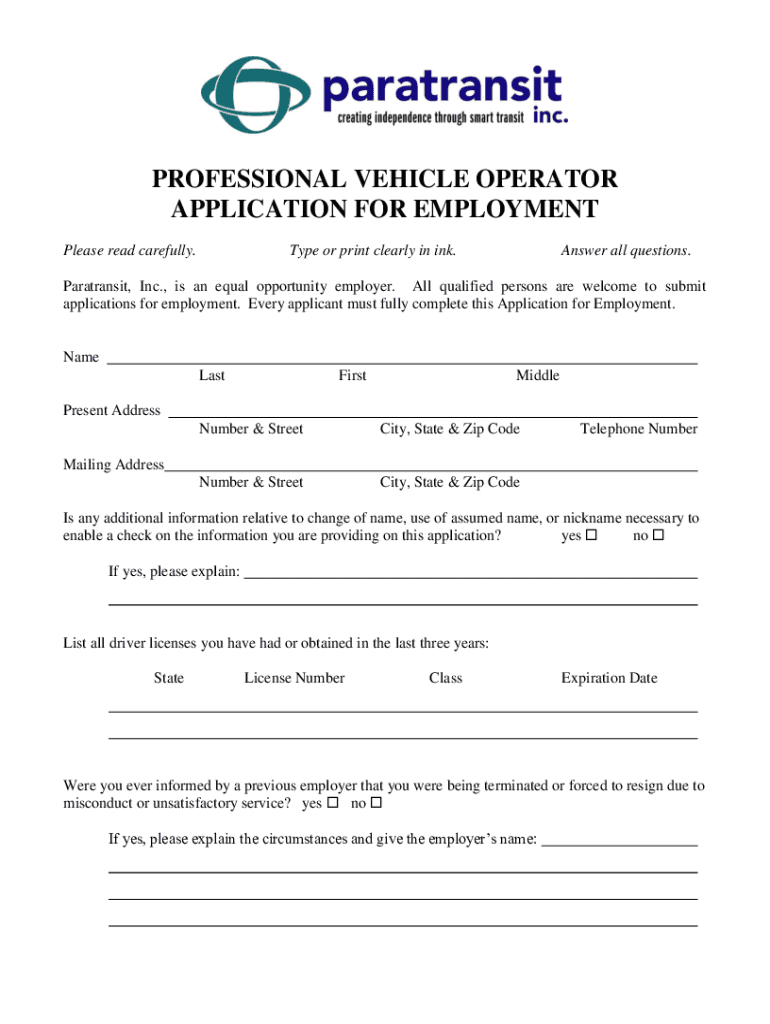 Fillable Online professional vehicle operator application for ...