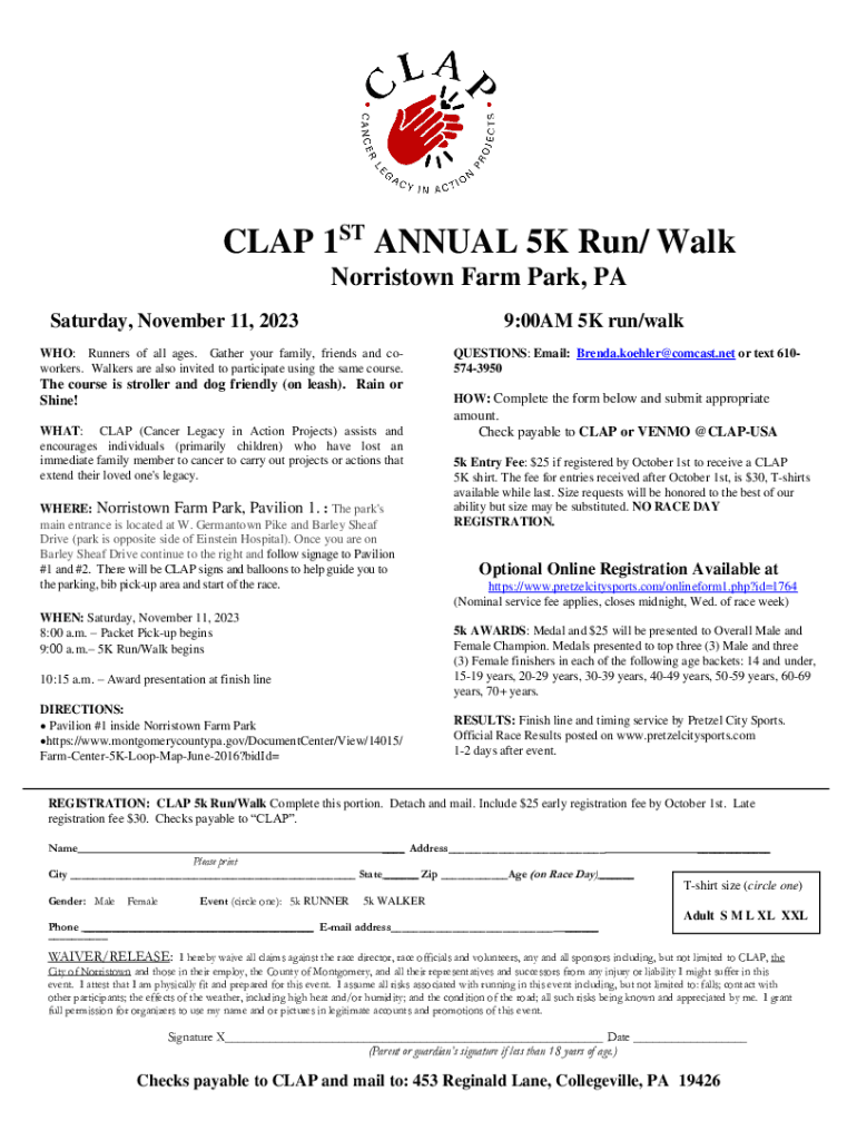 Fillable Online C.L.A.P. 5k (Cancer Legacy in Action Projects) Fax Email Print - pdfFiller