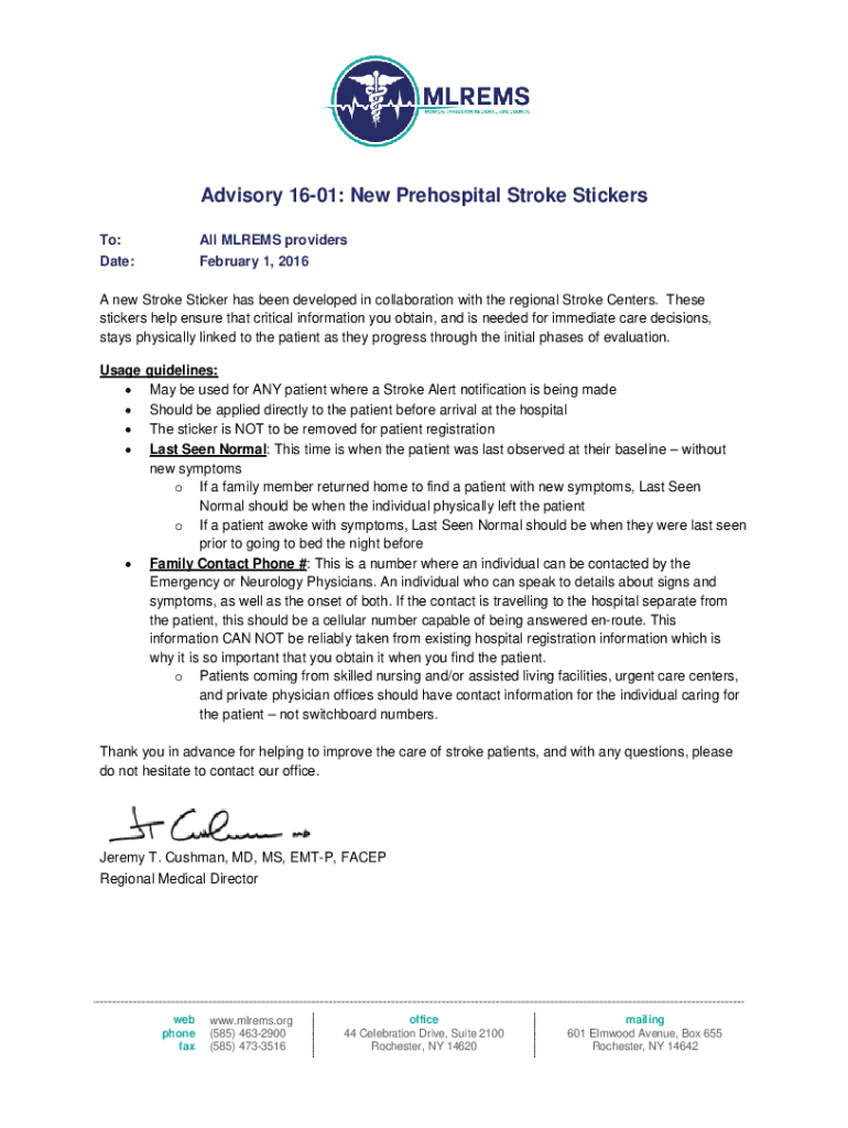 Fillable Online Advisory 16-01: New Prehospital Stroke Stickers Fax ...