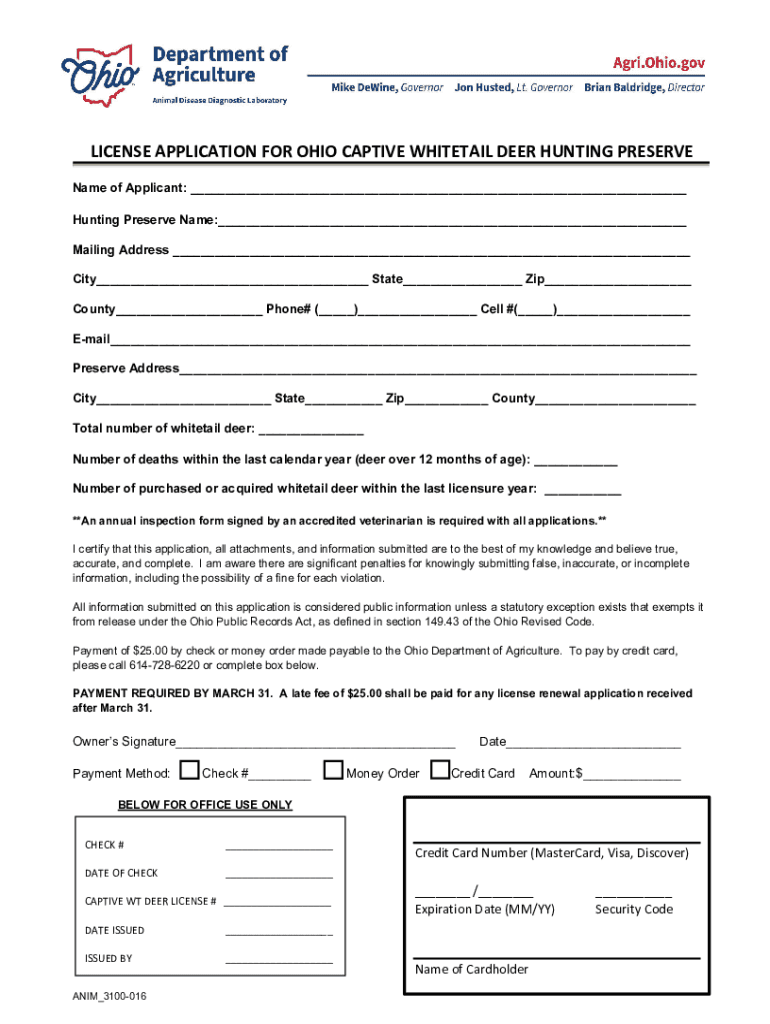 Fillable Online agri ohio Captive Whitetail Deer Hunting PreserveOhio Department of ... Fax ...