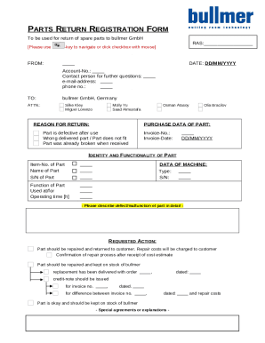 Parts Return Registration Doc Template Doc Template | pdfFiller