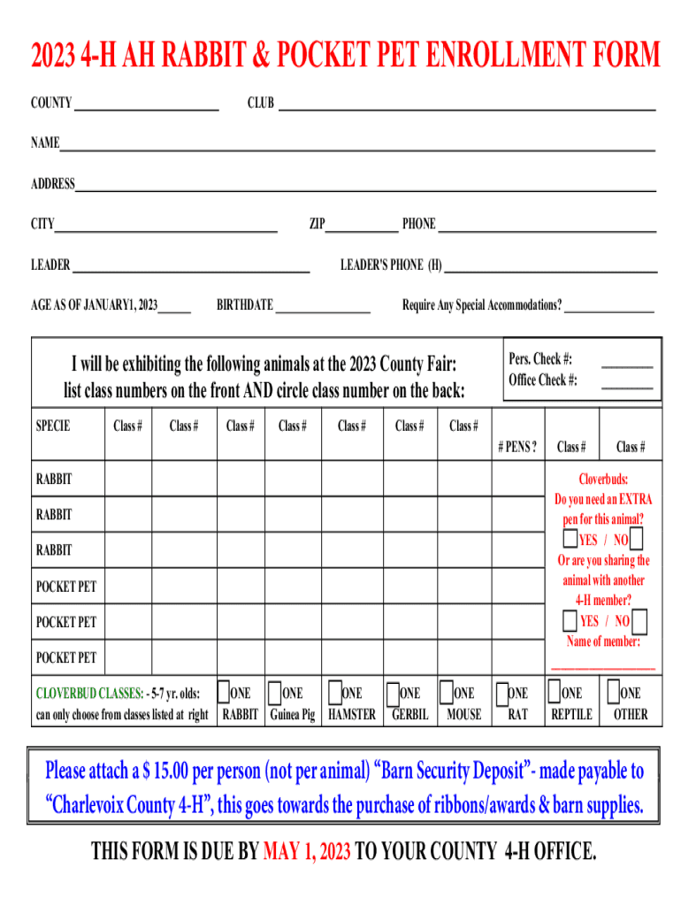 Fillable Online 2023 4-H AH RABBIT & POCKET PET ENROLLMENT FORM Fax Email Print - pdfFiller