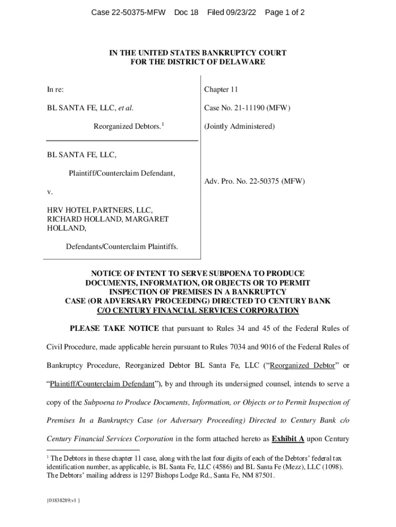 Fillable Online Notice of Intent to Serve Subpoena - Century Bank ...