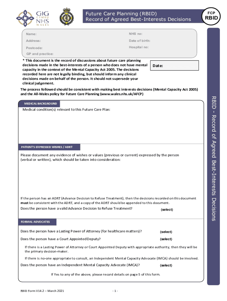Fillable Online Future Care Planning (RBID) Record of Agreed Best ...