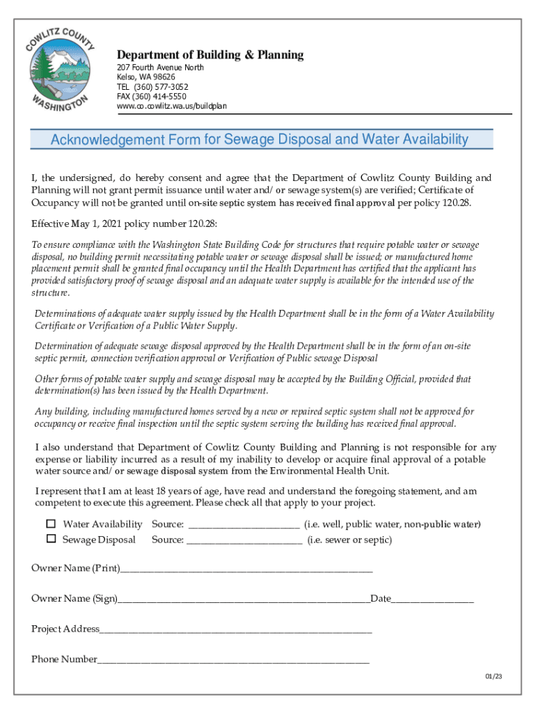 Fillable Online Acknowledgement Form for Sewage Disposal and Water ...