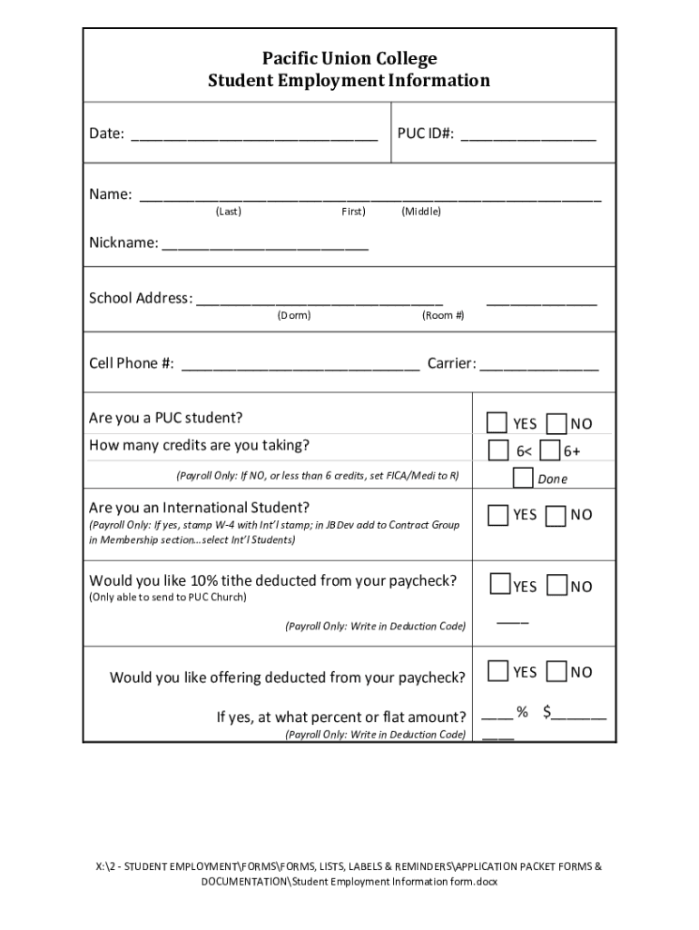 Fillable Online Student employment information. Y Fax Email Print ...