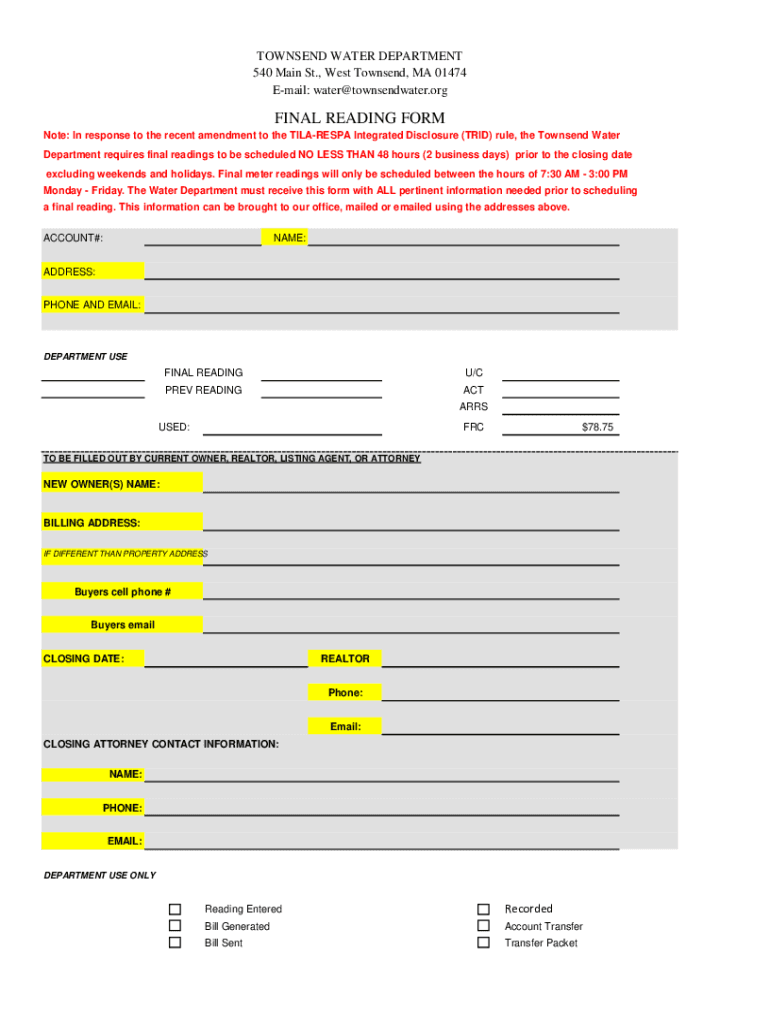 Fillable Online Final Water Reading Form Townsend MA Fax Email Print ...