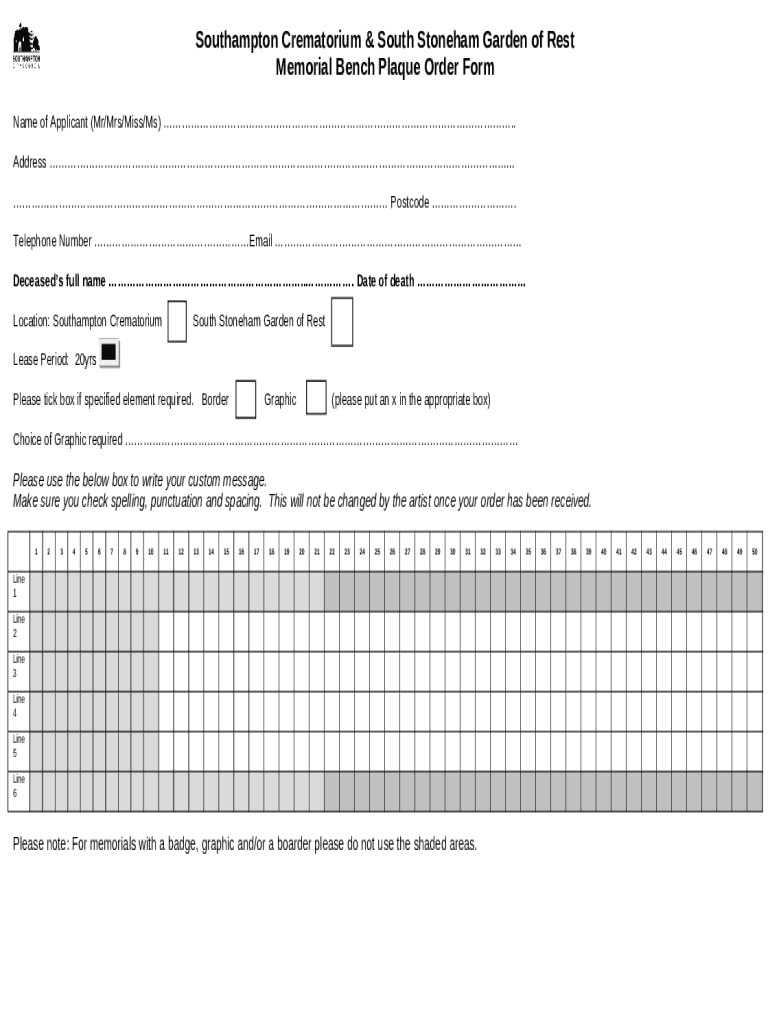 Southampton Crematorium, Bassett Green RoadBench Plaque Order Doc ...