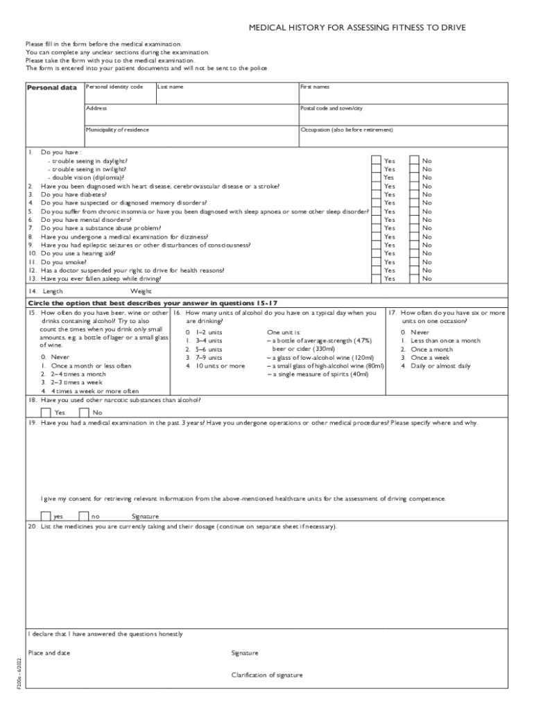 Fillable Online MEDICAL HISTORY FOR ASSESSING FITNESS TO DRIVE Fax ...
