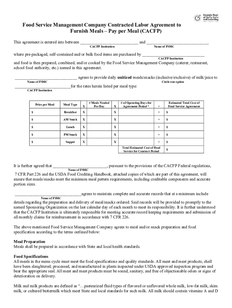 Fillable Online FSMC Contracted Labor Agreement to Furnish Meals (CACFP) - Pay per Meal Fax ...