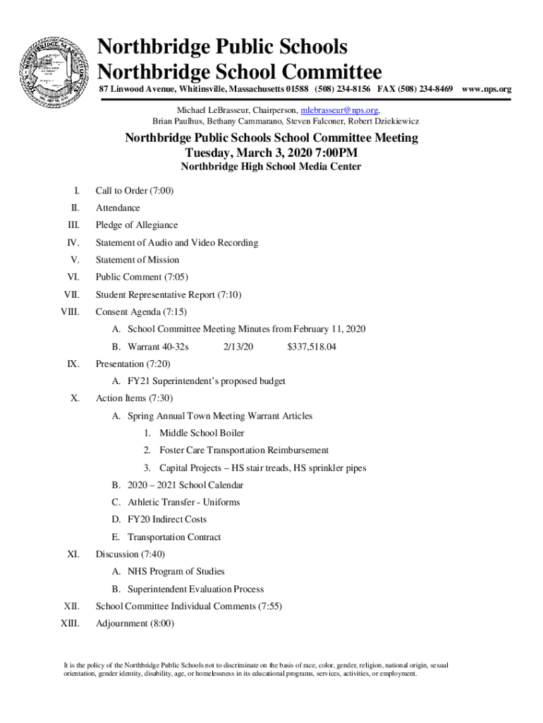 Fillable Online Northbridge Public Schools Northbridge School Committee ...