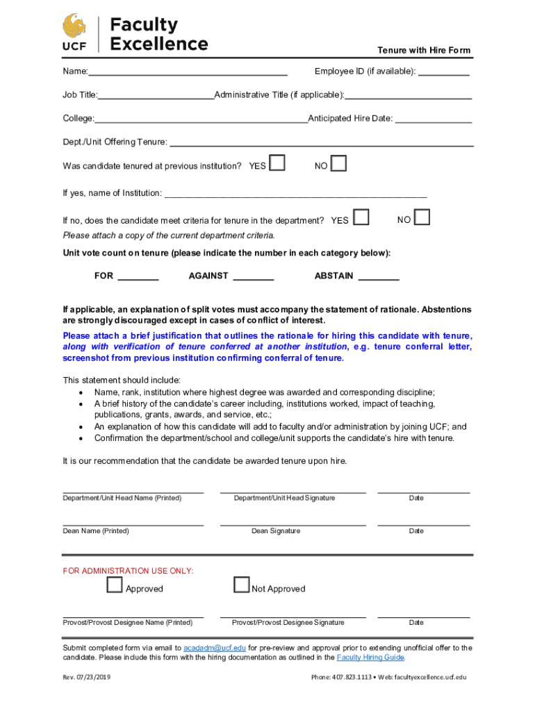 Fillable Online facultyexcellence ucf Tenure with Hire Form Name ...