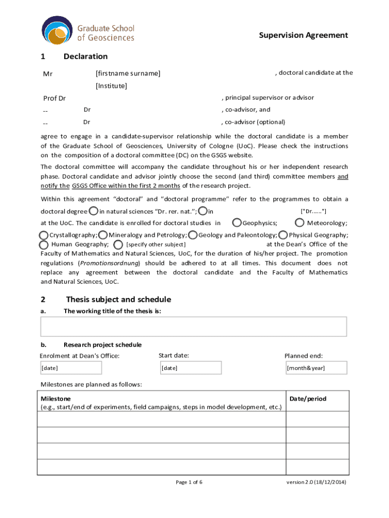 Fillable Online Supervision Agreement 1 Declaration 2 Thesis subject ...