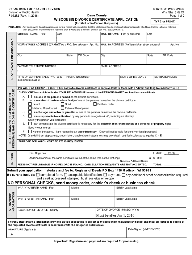 Fillable Online Wisconsin Divorce Certificate Application - Washburn ...