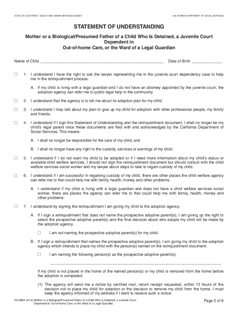 Fillable Online cdss ca STATEMENT OF UNDERSTANDING AGENCY ADOPTIONS ...