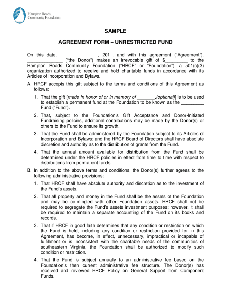 Fillable Online AGREEMENT FORM UNRESTRICTED FUND Fax Email Print ...