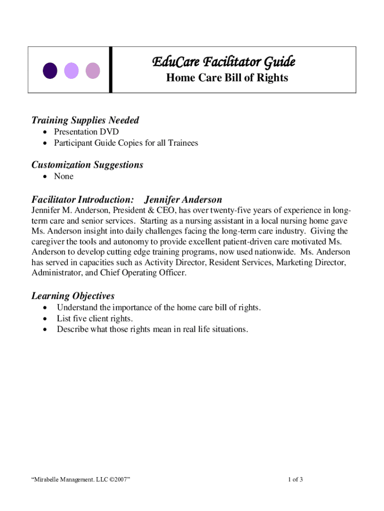 Fillable Online EduCare Facilitator Guide - Home Care Bill of Rights Fax Email Print - pdfFiller
