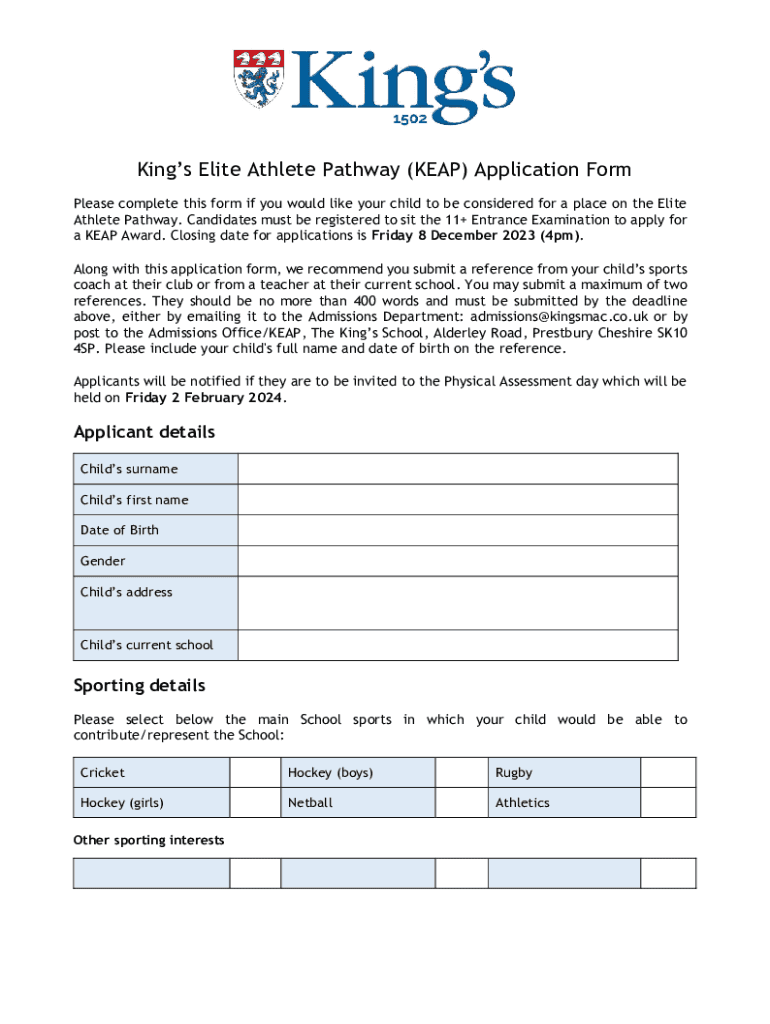 Fillable Online King's Elite Athlete Pathway (KEAP) Application Form ...