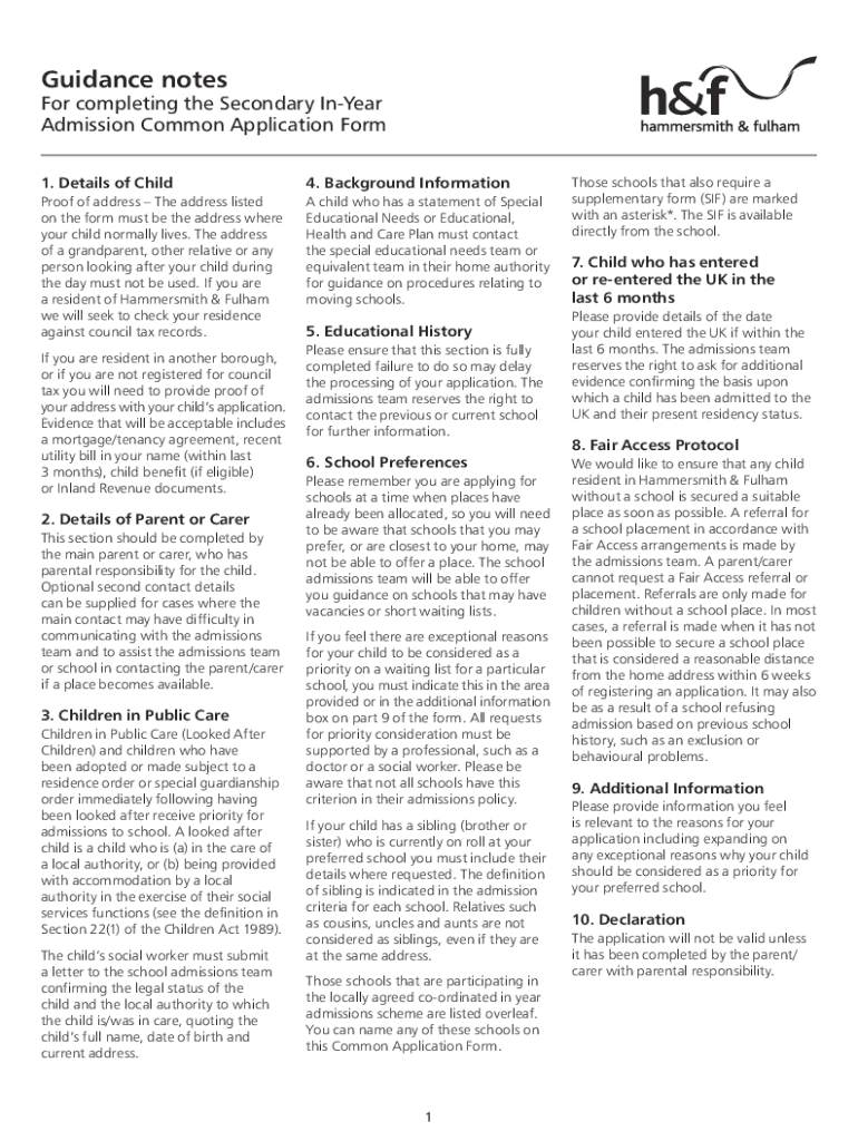 Fillable Online H&F Guidance notes for completing the secondary ...