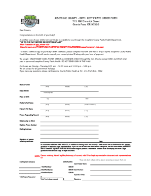 Fillable Online JOSEPHINE COUNTY - BIRTH CERTIFICATE ORDER FORM 715 ...