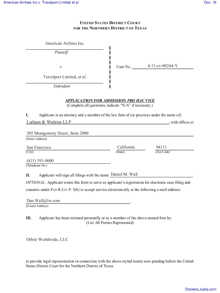 Fillable Online Application for Admission Pro Hac Vice with Cert. of ...