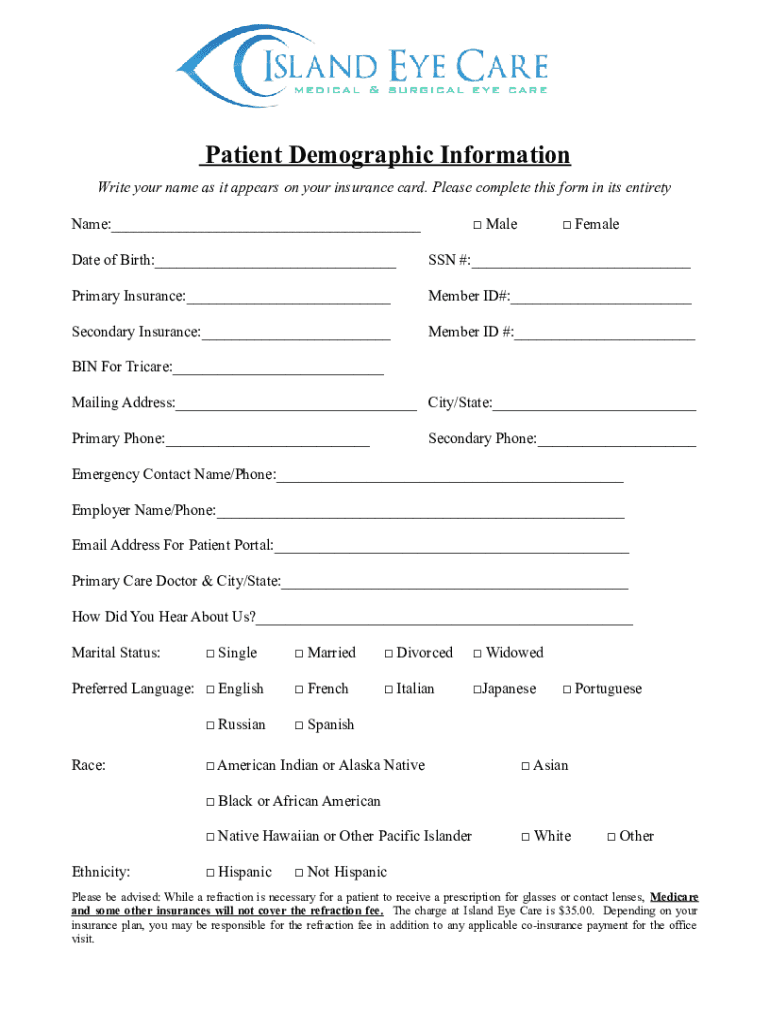 Fillable Online PATIENT DEMOGRAPHIC INFORMATION - PEDIATRIC Fax Email ...