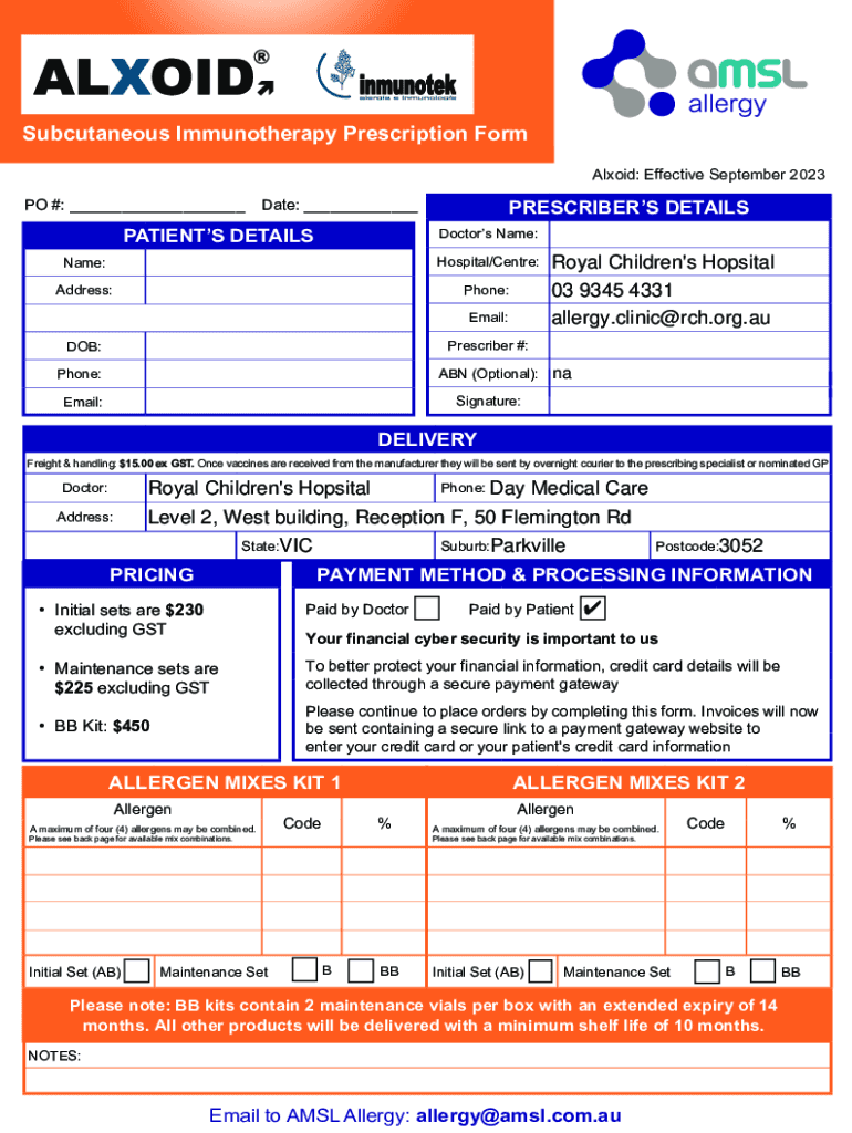 Fillable Online Subcutaneous Immunotherapy Prescription Form Fax Email ...