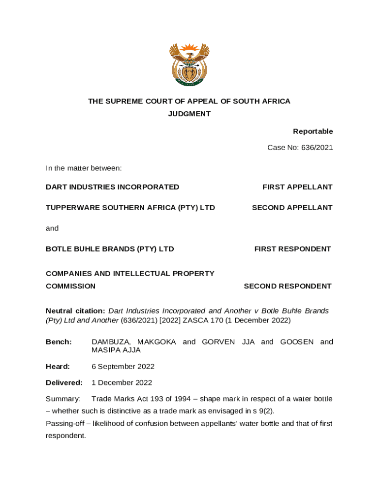 Fillable Online Dart Industries Incorporated and Another v Botle Buhle ...