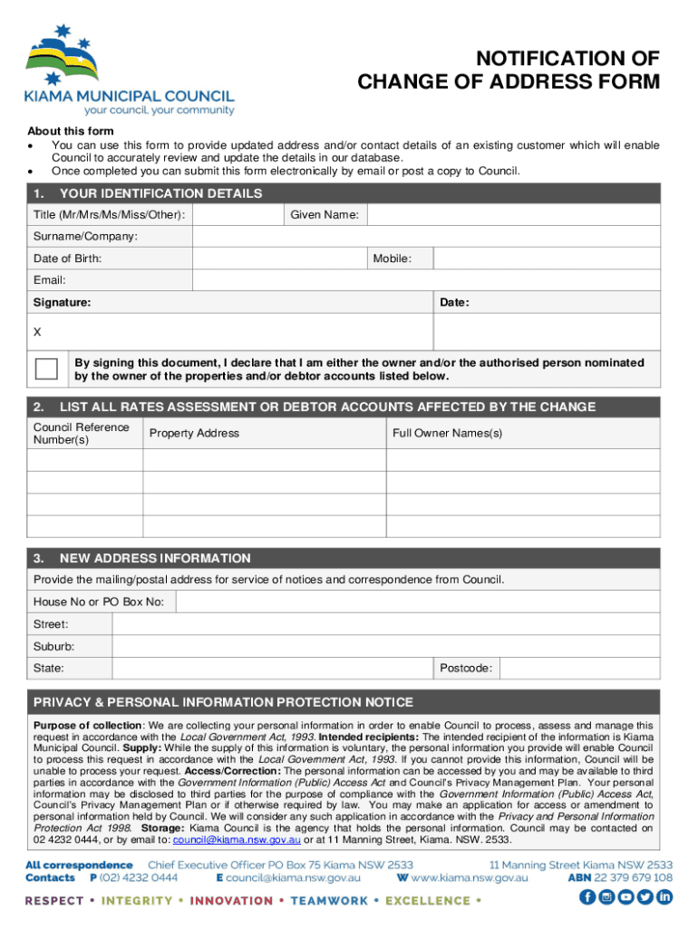Fillable Online NOTIFICATION OF CHANGE OF ADDRESS FORM Fax Email Print - pdfFiller