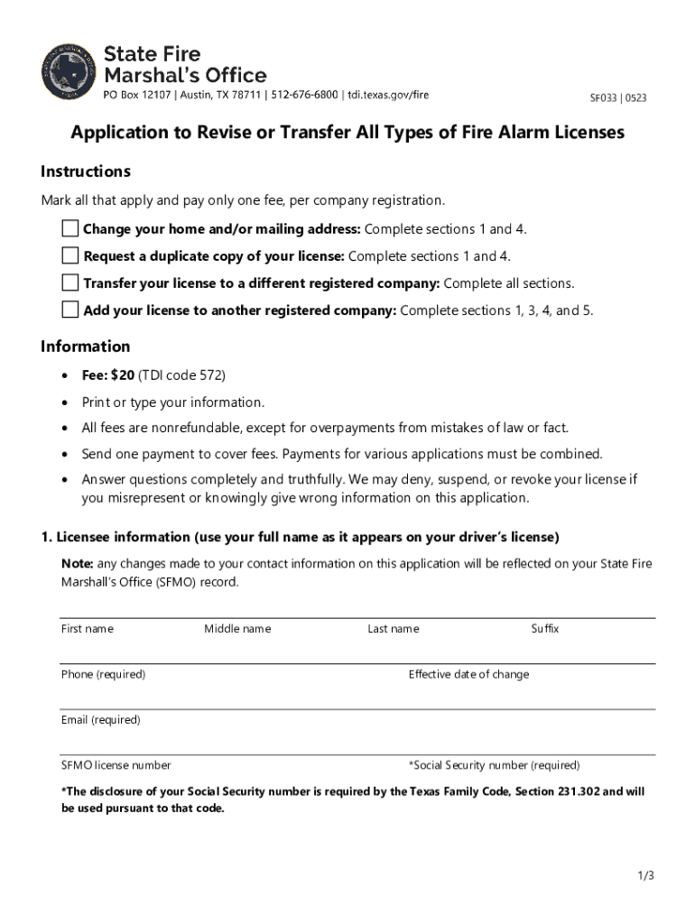 Fillable Online SF033 - Application to Revise or Transfer All Types of Fire Alarm Licenses Fax ...