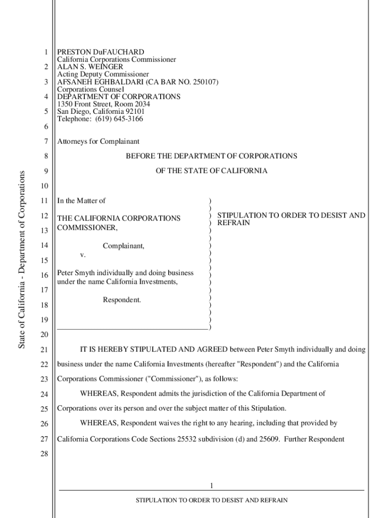 Fillable Online California Department of Corporations-Stipulation to ...