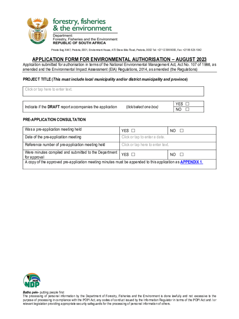 Fillable Online APPLICATION FORM FOR ENVIRONMENTAL AUTHORISATION AUGUST ...