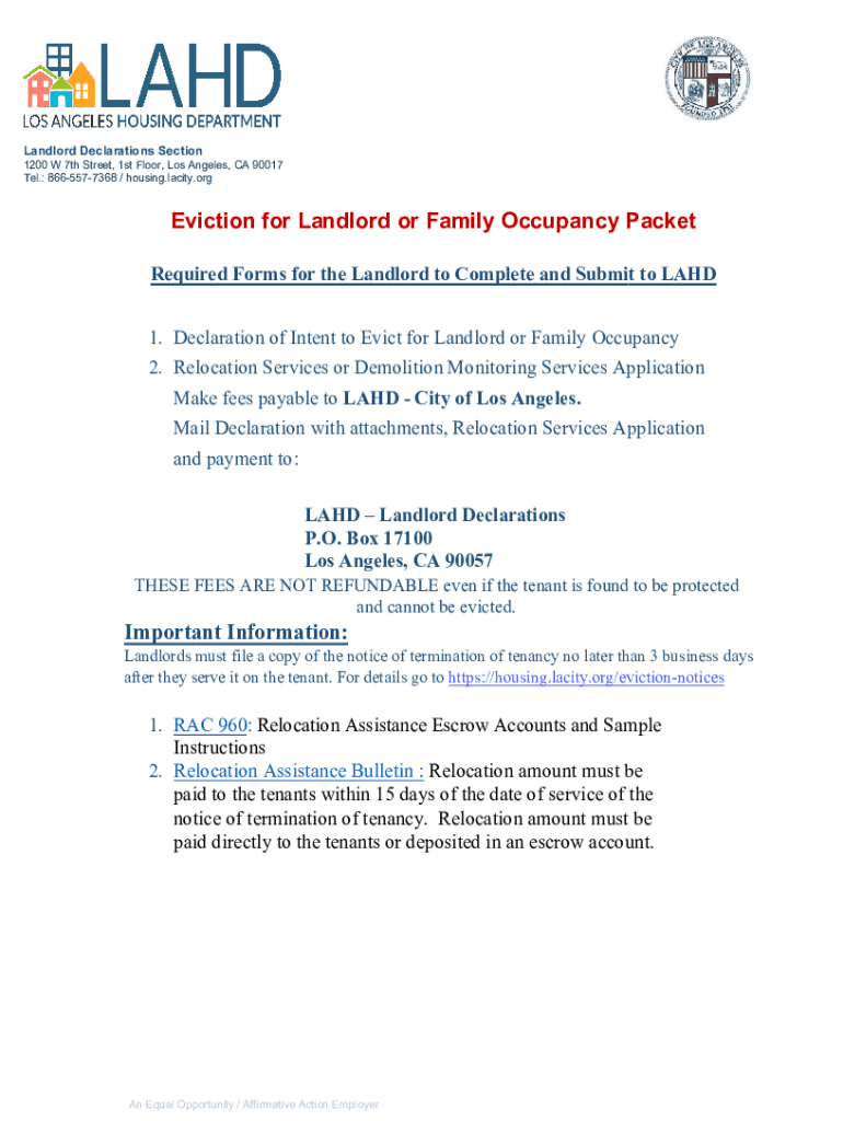 Fillable Online Eviction for Landlord or Family Occupancy Packet (Non ...