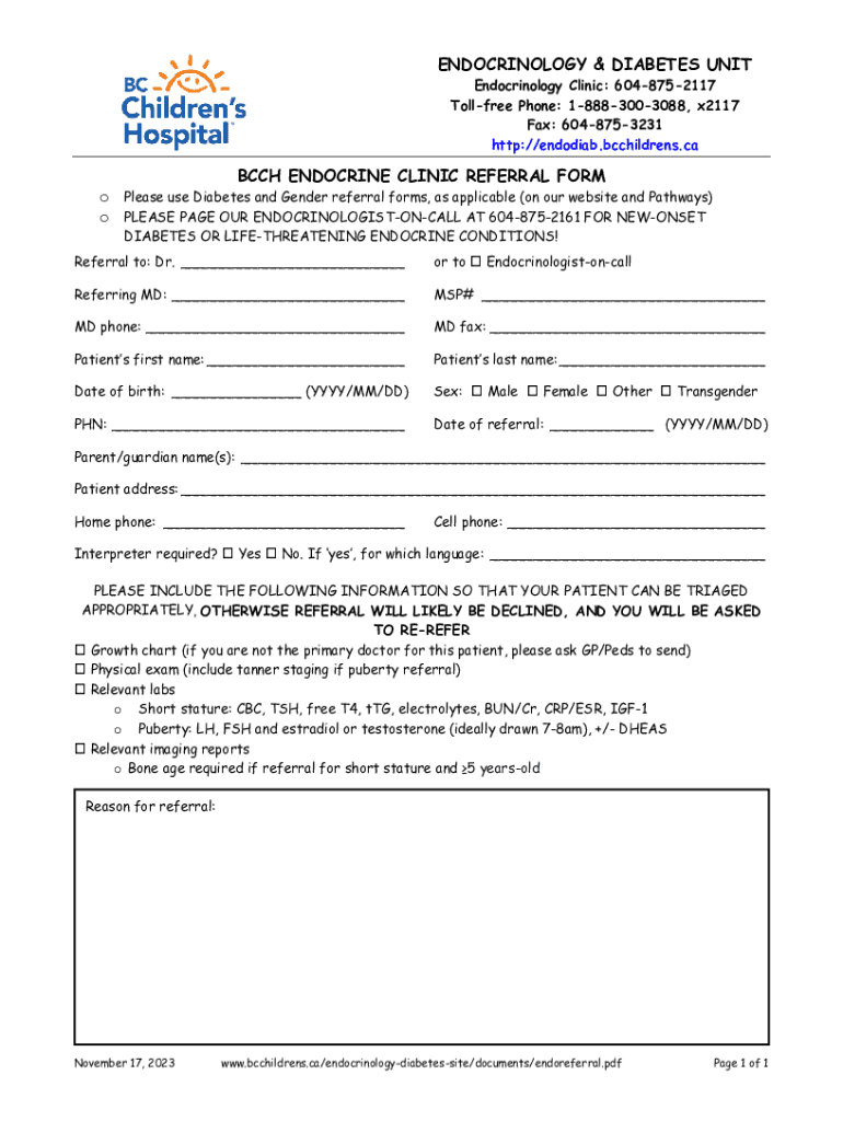 Fillable Online BCCH ENDOCRINE CLINIC REFERRAL FORM Fax Email Print ...