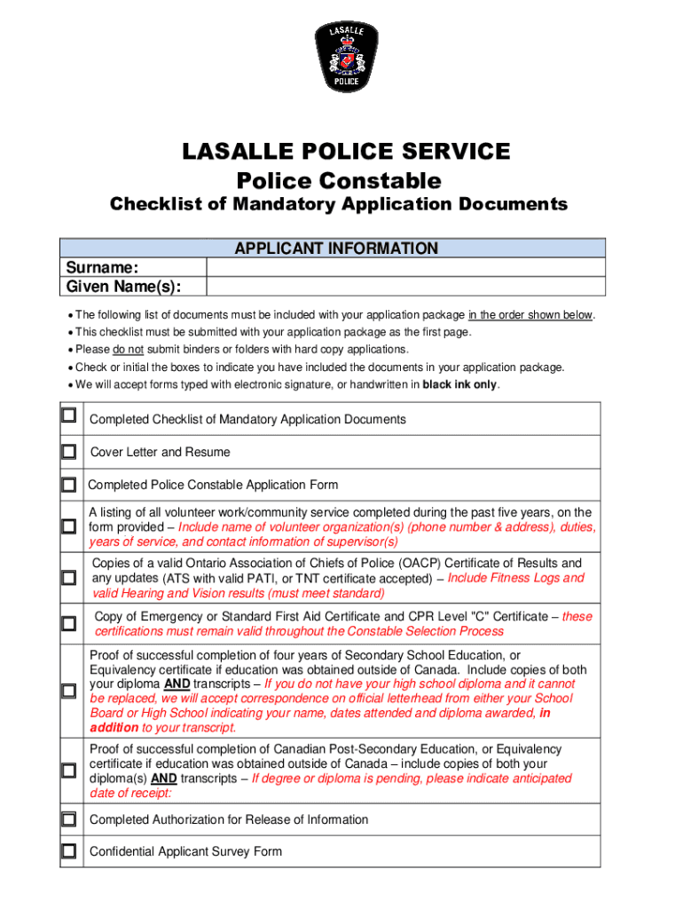 Police Constable Application Checklist - Blank Fillable Template | Fill ...