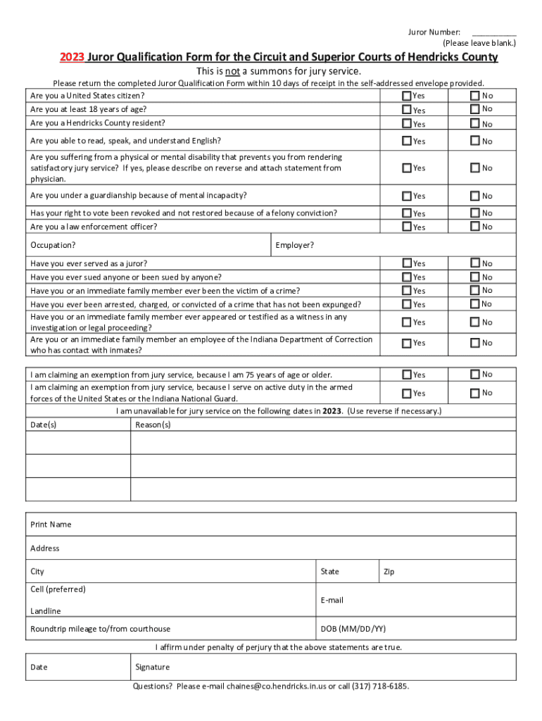 Fillable Online 2023 Juror Qualification Form for the Circuit and Superior ... Fax Email Print ...