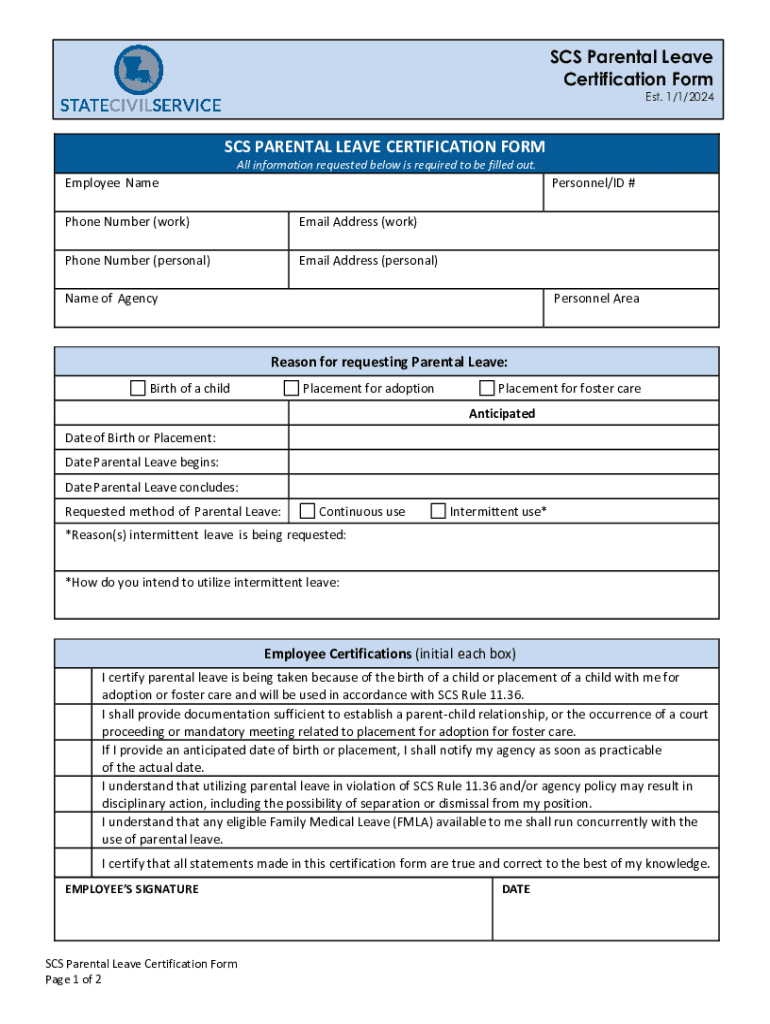 Fillable Online SCS Parental Leave Certification Form Fax Email Print ...
