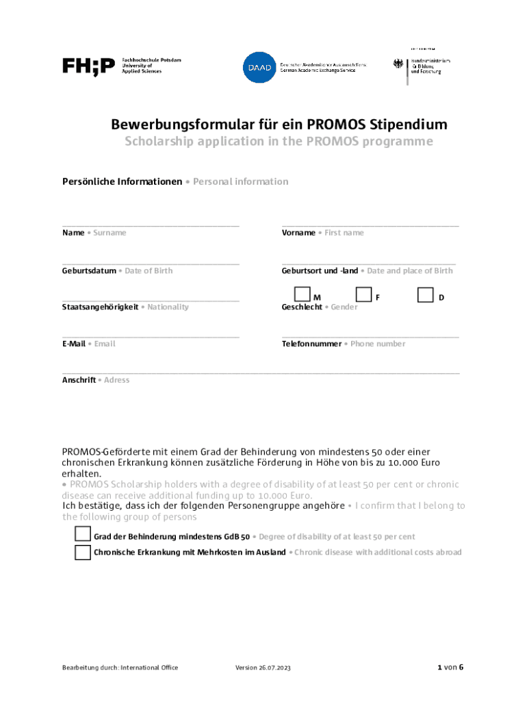 Fillable Online Bewerbungsformular fr ein PROMOS Stipendium Fax Email ...