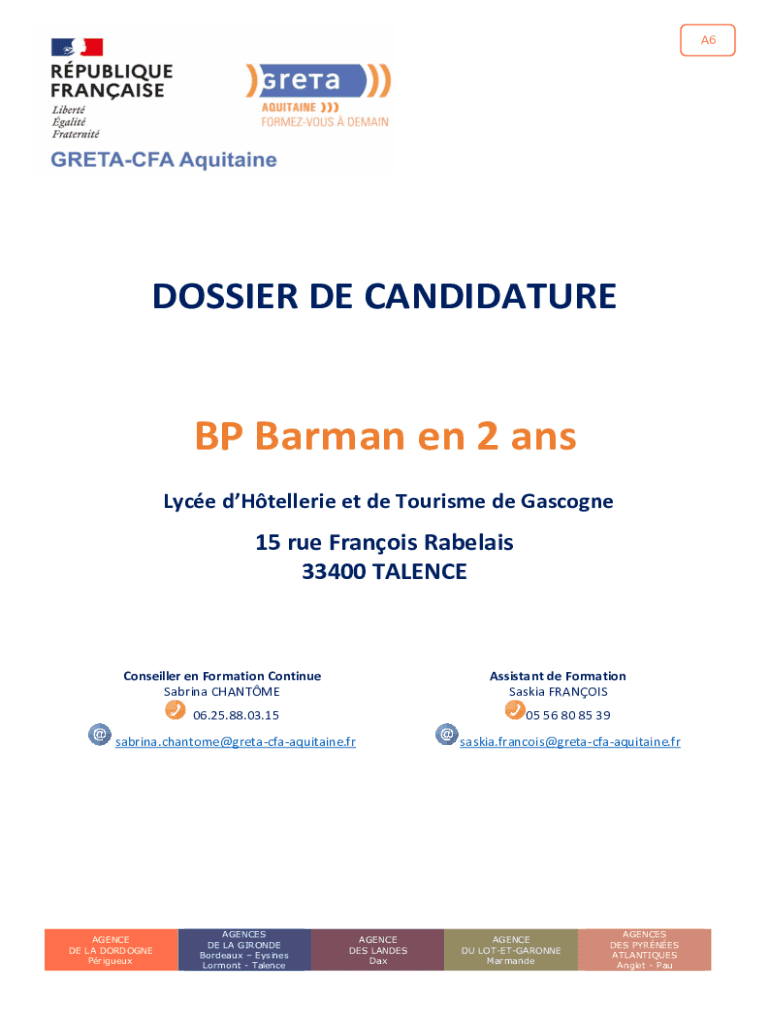 Remplissable En Ligne DOSSIER DE CANDIDATURE-BP BARMAN en 2 ans - GRETA-CFA ... Fax Email ...