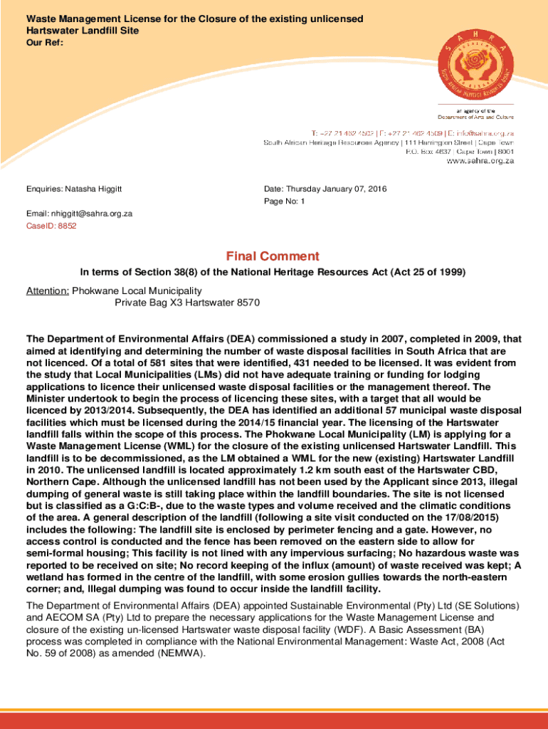 Fillable Online Waste Management License for the Closure of the ... - SAHRIS Fax Email Print ...