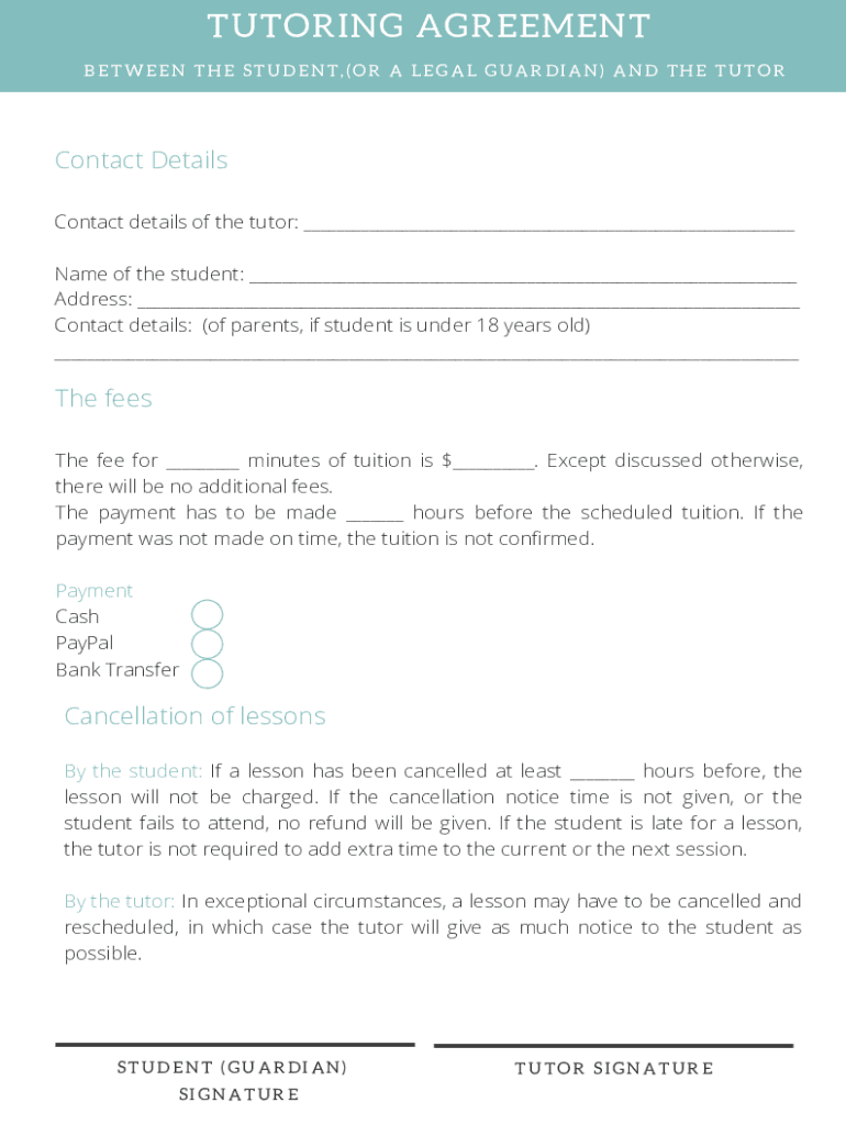 Fillable Online Free Tutoring Contract TemplatePDF & Word Downloads Fax ...