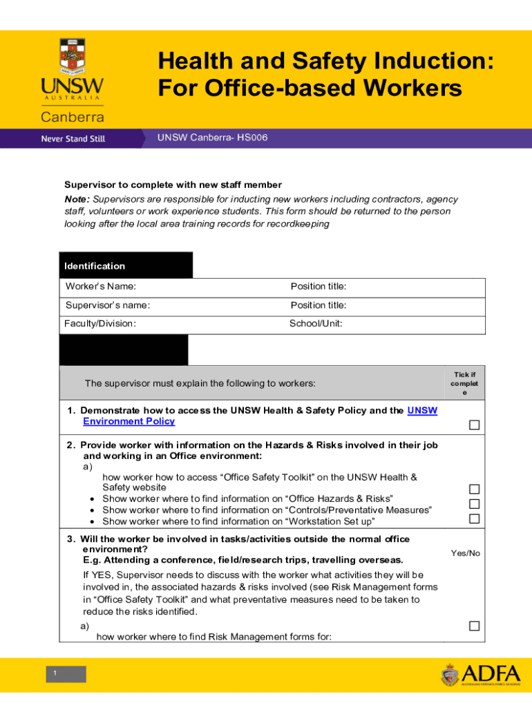 Fillable Online HS006 Health & Safety Induction Form. HS006 Health ...