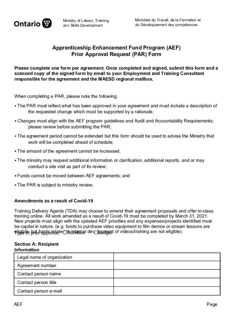 Fillable Online PRIOR APPROVAL REQUEST (PAR) FORM. Apprenticeship Enhancement Fund Program (AEF ...