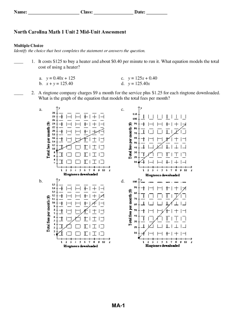 Fillable Online North Carolina Math 1 Unit 2 Mid-Unit Assessment Fax ...