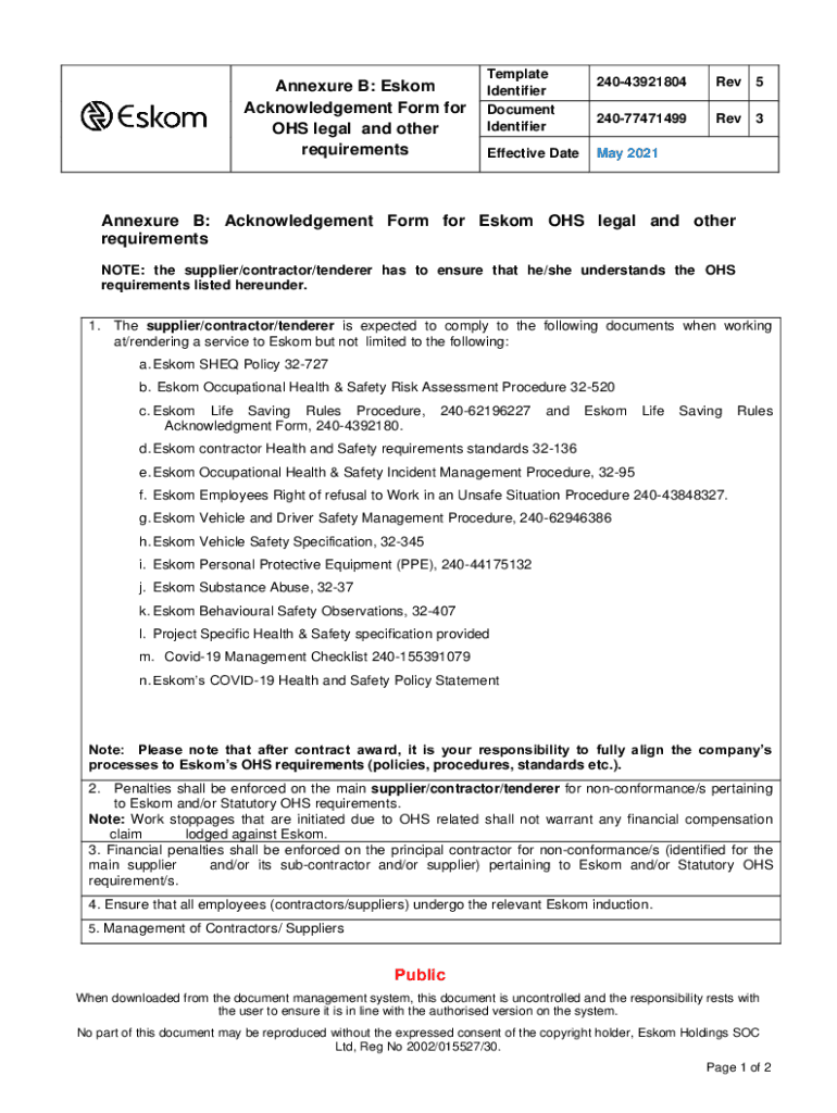 Fillable Online Annexure B: Eskom Acknowledgement Form for OHS legal ...